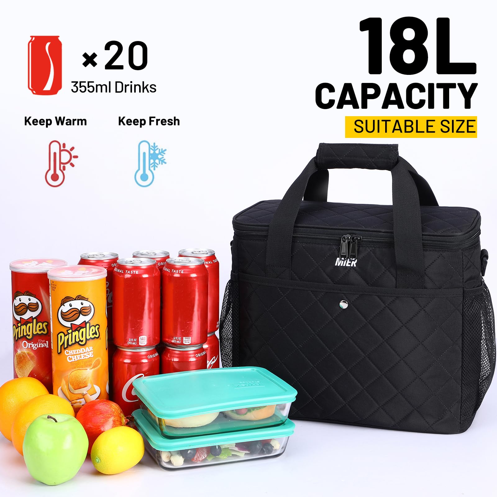 MIER 18L Large Soft Cooler Insulated Picnic Bag for Grocery, Camping, Car, Black