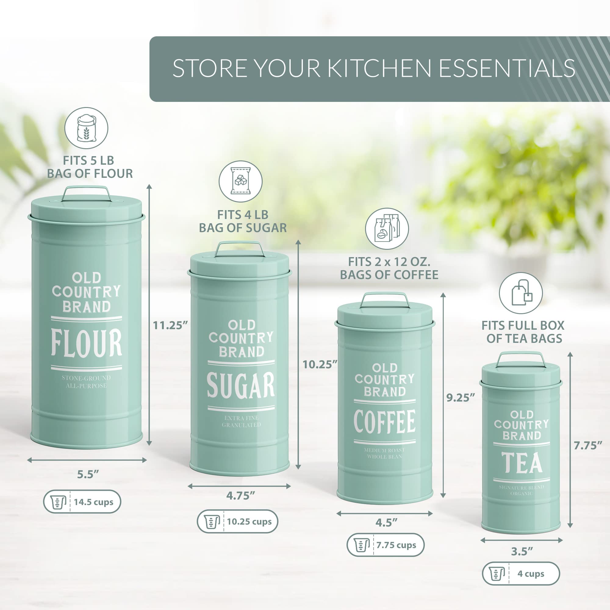 Barnyard Designs Canister Sets for Kitchen Counter, Farmhouse Canisters Sets for the Kitchen Countertop, Metal Canister with Lid, Coffee Tea Sugar Flour Container Set for Counter (Mint)