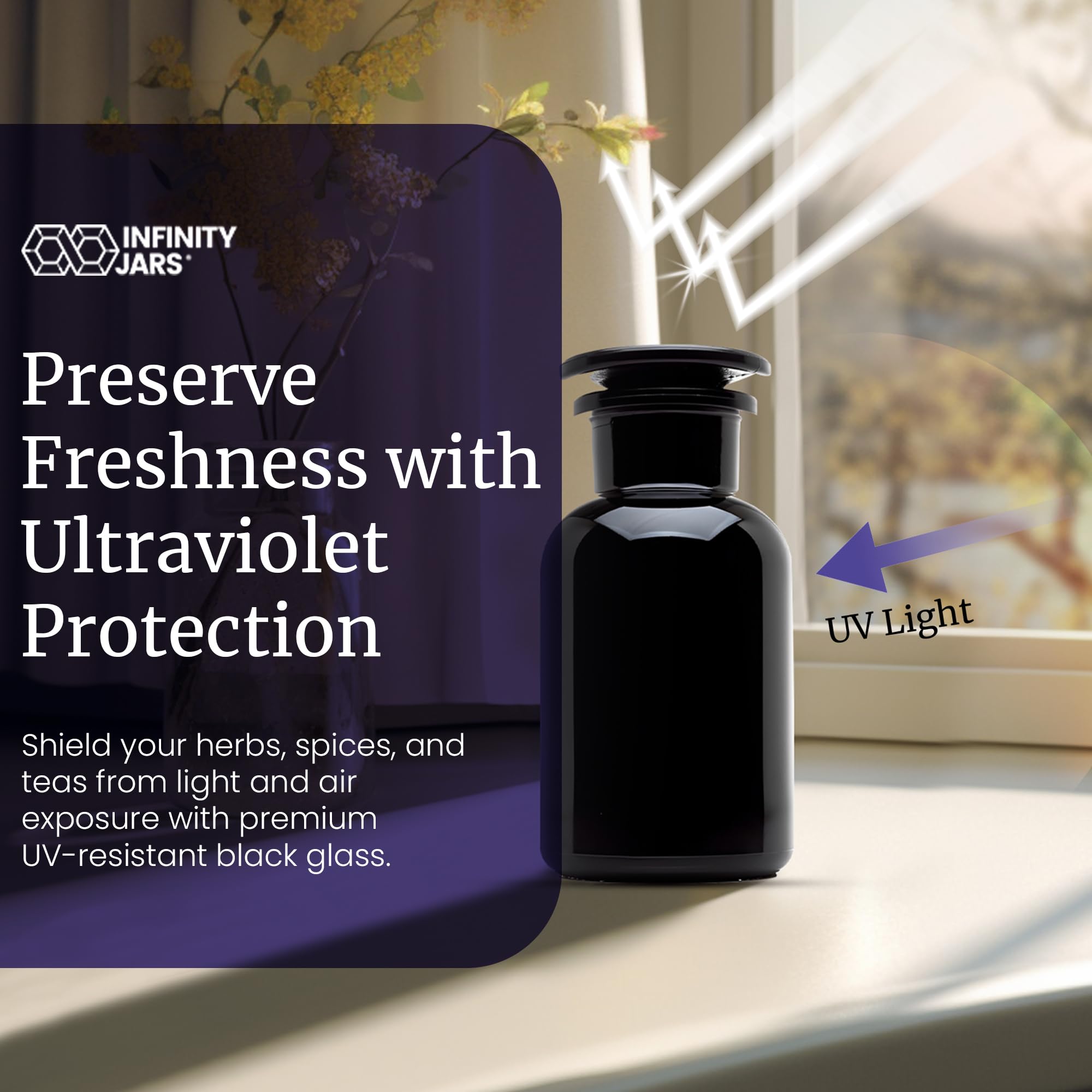 Infinity Jars Round jar Black Ultraviolet Glass Refillable Empty Apothecary Jar 250 ml (8.4 Fl oz) with Airtight Glass Lid for Tea, Spices, Dried Goods, Herb Storage | Smell Proof Jar 3-Pack