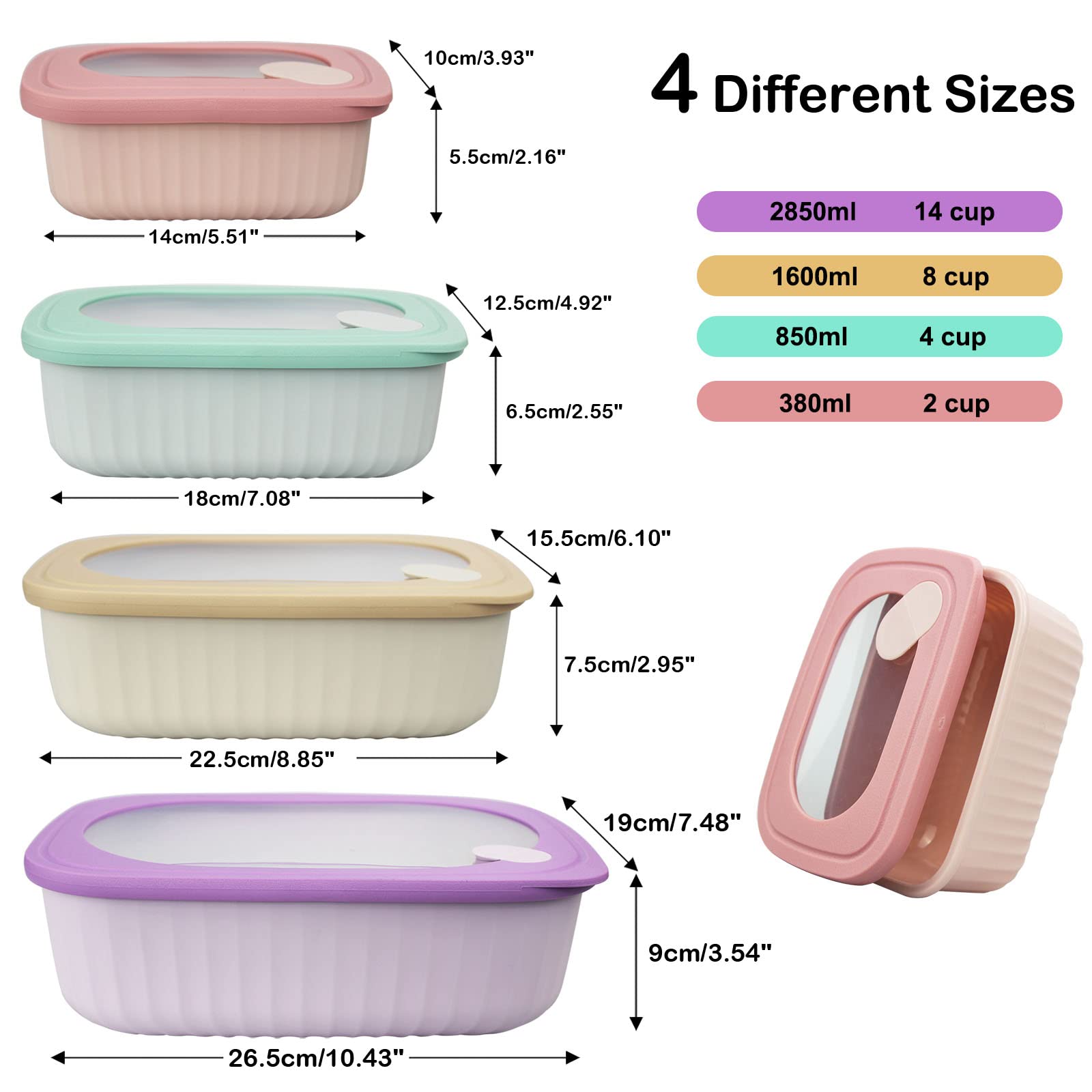 XIAOMIANYANG Food Storage Containers Airtight Plastic with Silicone Lids Rectangle Stackable Lunch Box Meal Food Prep Fridge Containers Organizer Set of 4 for Fruits Veggies