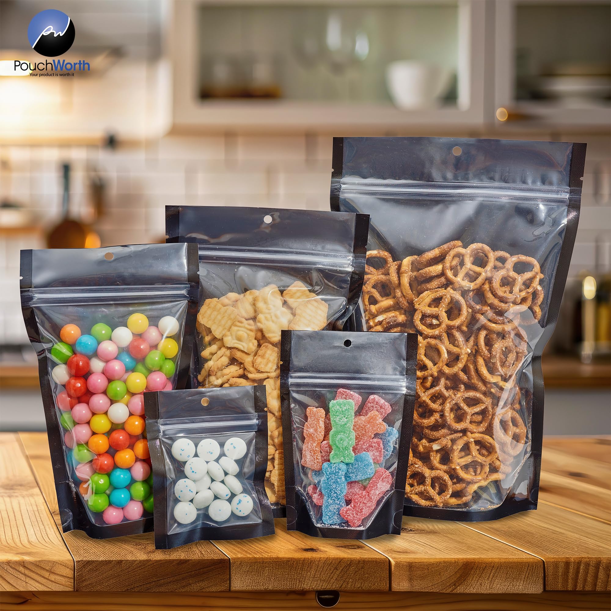 PouchWorth 100 Pack 3.5"x4.5" Mylar Clear/Black Nylon Resealable Flat Bags Heat Seal Zipper Lock Reusable Storage Pouches for Zip Food Storage Lock Packaging with Tear Notches