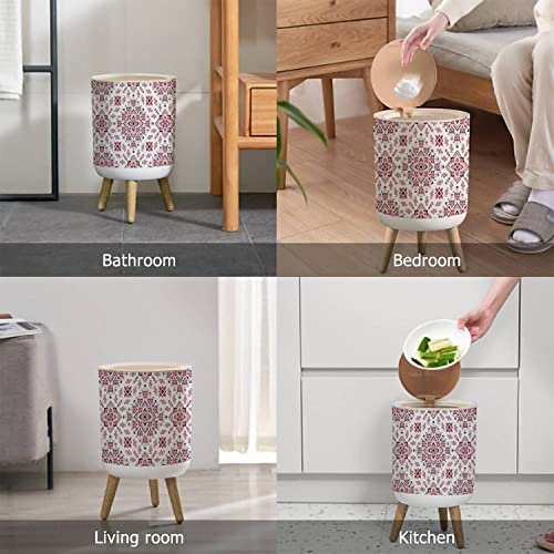 Small Trash Can with Lid Seamless Based on Ornament Paisley Bandana Print Vintage Style Silk Wood Legs Press Cover Garbage Bin Round Waste Bin Wastebasket for Kitchen Bathroom Office 7L/1.8 Gallon