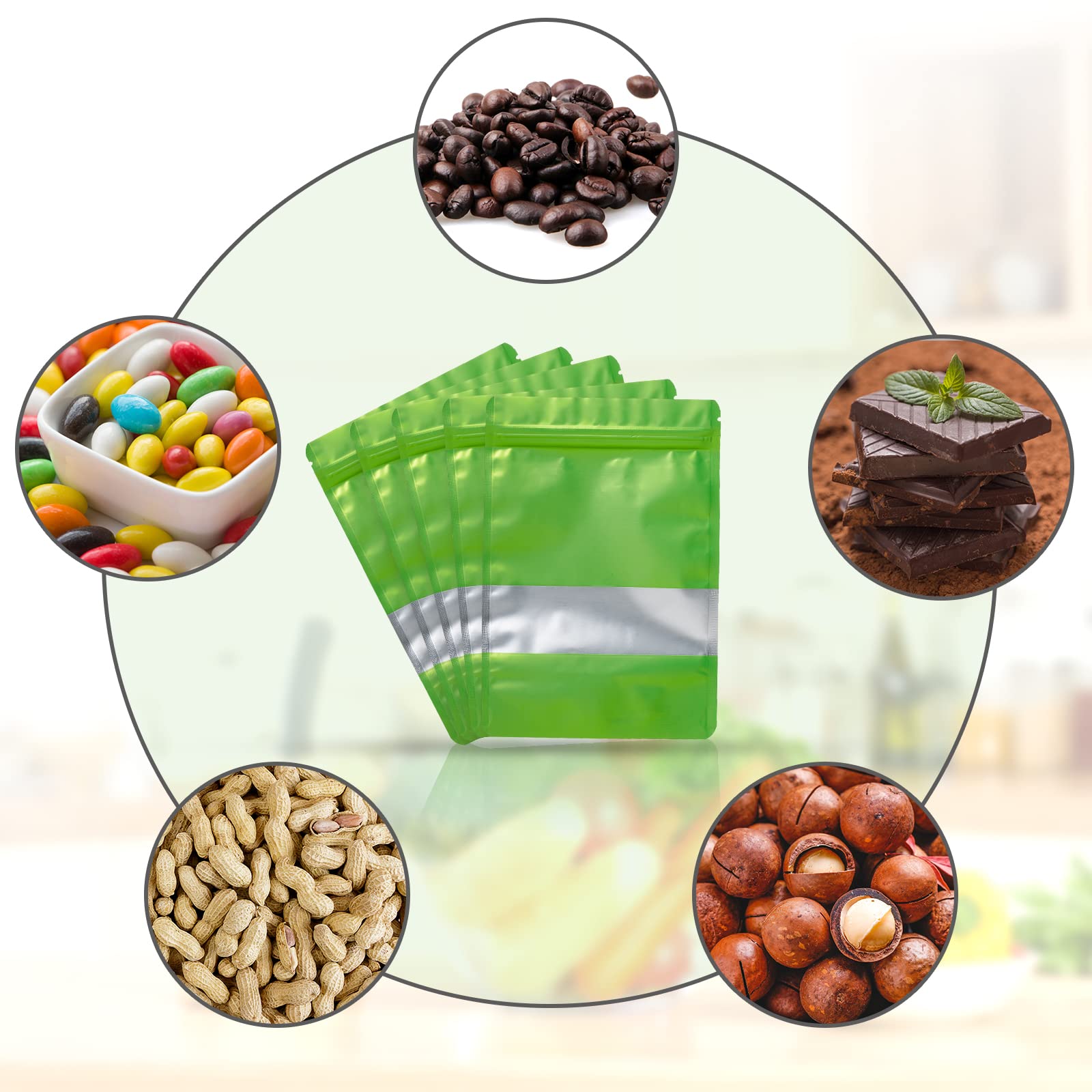 TOCKONIMN Stand-up Pouch Smell-Proof Edible Bag Packaging for Food-Storage 100 Pack Resealable Containers for Candy Products Heat Sealable Ziplock Bags with Clear Window (5.5"x7.8", green)