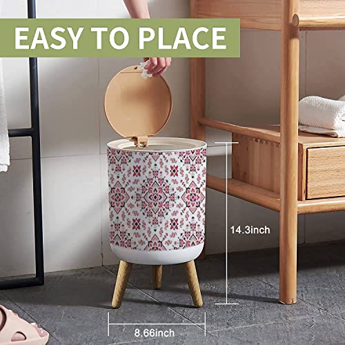 Small Trash Can with Lid Seamless Based on Ornament Paisley Bandana Print Vintage Style Silk Wood Legs Press Cover Garbage Bin Round Waste Bin Wastebasket for Kitchen Bathroom Office 7L/1.8 Gallon