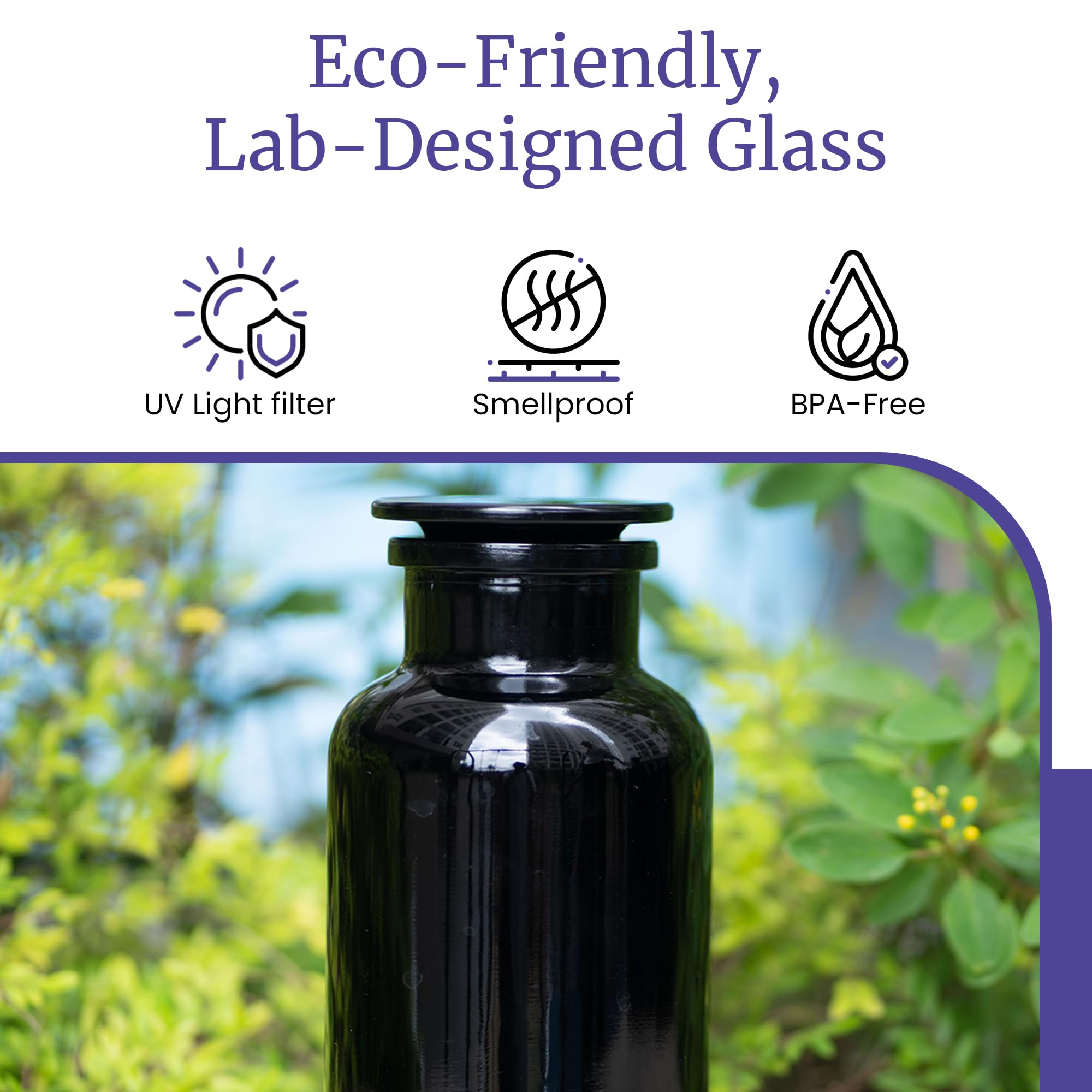 Infinity Jars Round jar Black Ultraviolet Glass Refillable Empty Apothecary Jar 250 ml (8.4 Fl oz) with Airtight Glass Lid for Tea, Spices, Dried Goods, Herb Storage | Smell Proof Jar 3-Pack