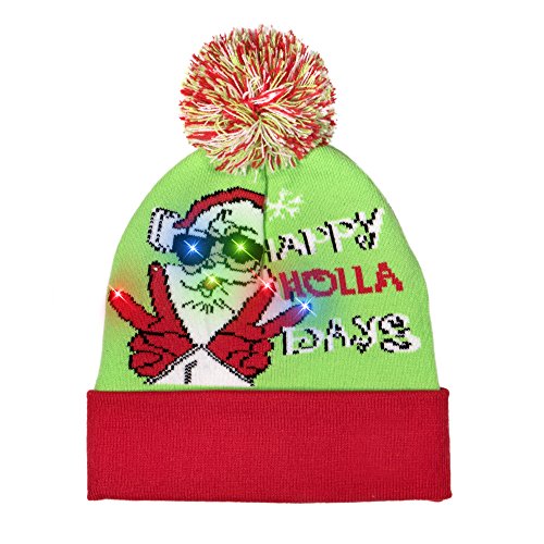 Windy City Novelties LED Light-up Knitted Ugly Sweater Holiday Xmas Christmas Beanies - 3 Flashing Modes (Happy Holla Days)