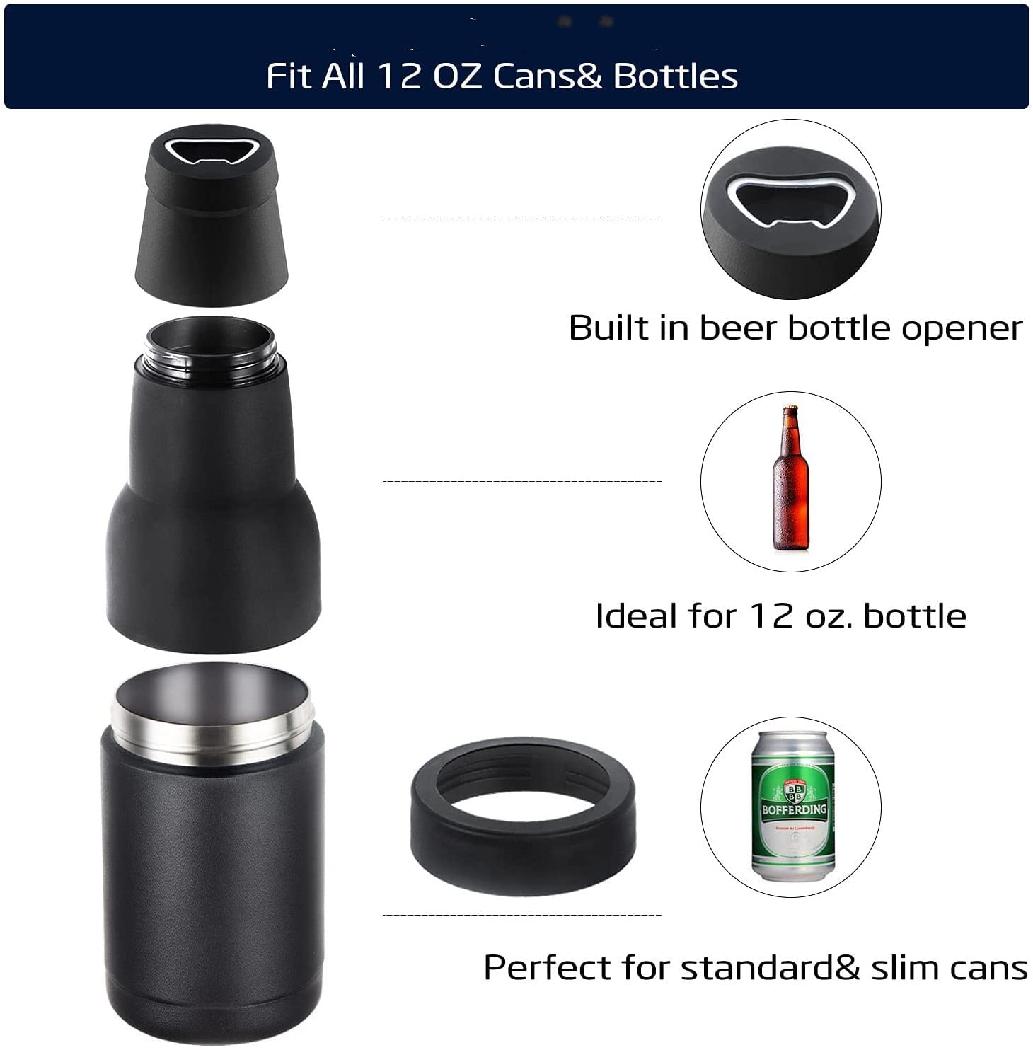 Gteller 3 in 1 Can and Beer Bottle Insulator, Double Wall Stainless Steel Insulated Can Cooler, Beer Bottle Holder 12oz 14oz 17oz (12oz Can&Bottle BK)