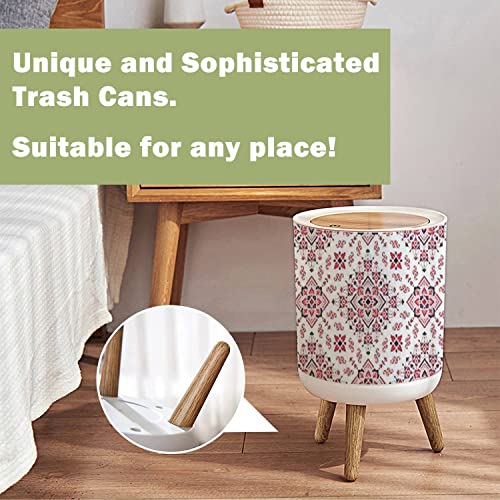 Small Trash Can with Lid Seamless Based on Ornament Paisley Bandana Print Vintage Style Silk Wood Legs Press Cover Garbage Bin Round Waste Bin Wastebasket for Kitchen Bathroom Office 7L/1.8 Gallon