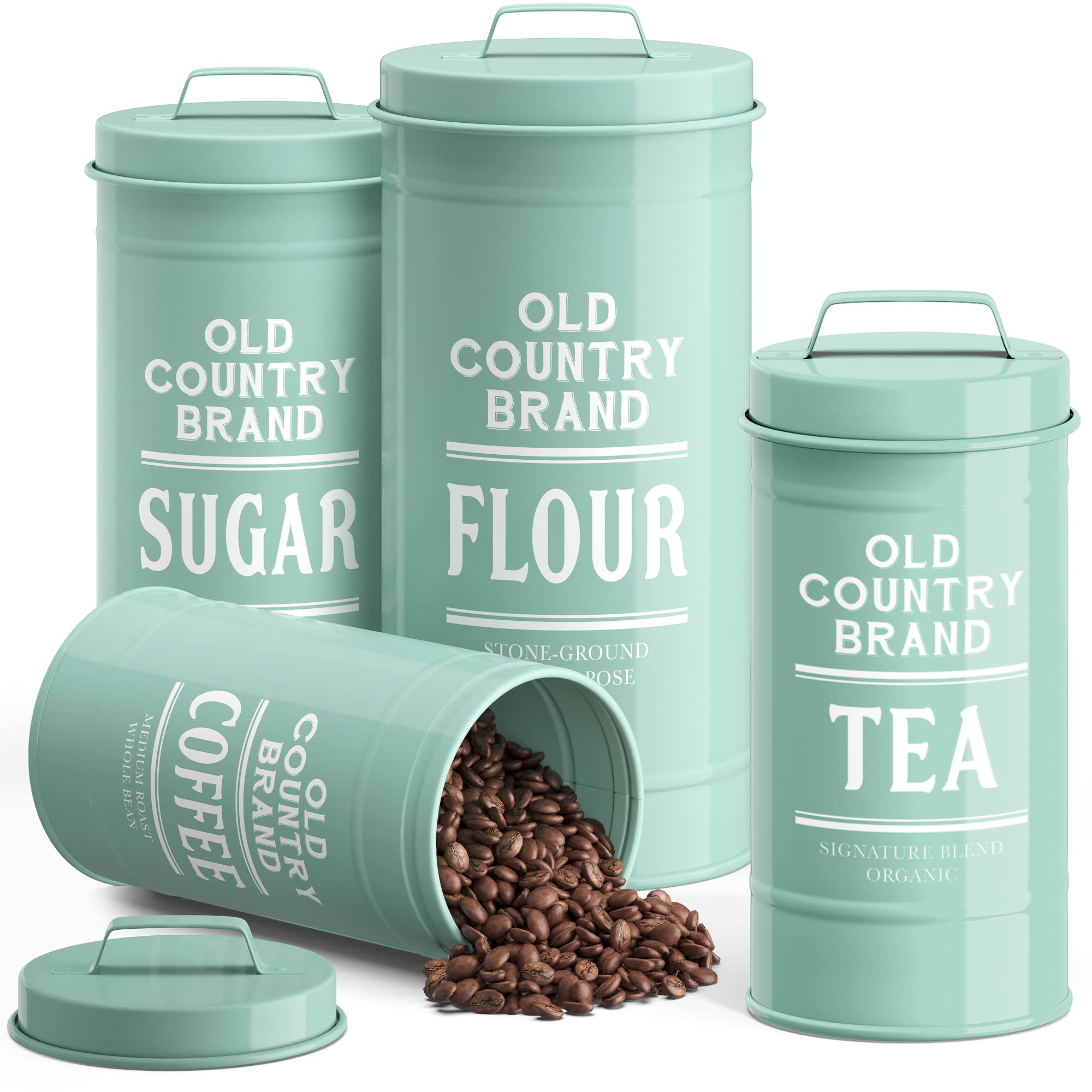 Barnyard Designs Canister Sets for Kitchen Counter, Farmhouse Canisters Sets for the Kitchen Countertop, Metal Canister with Lid, Coffee Tea Sugar Flour Container Set for Counter (Mint)
