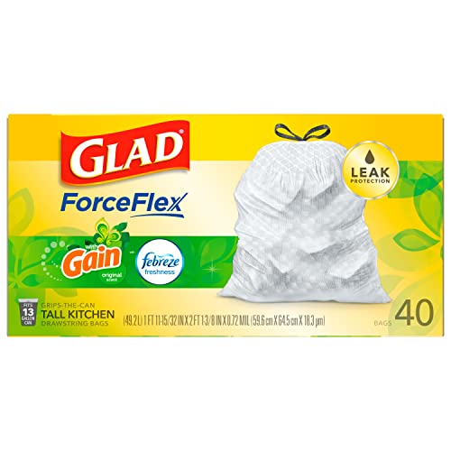 GLAD ForceFlex Tall Drawstring Trash Bags, 13 Gallon White Trash Bags for Tall Kitchen Trash Can, Gain Original Scent to Eliminate Odors, 40 Count