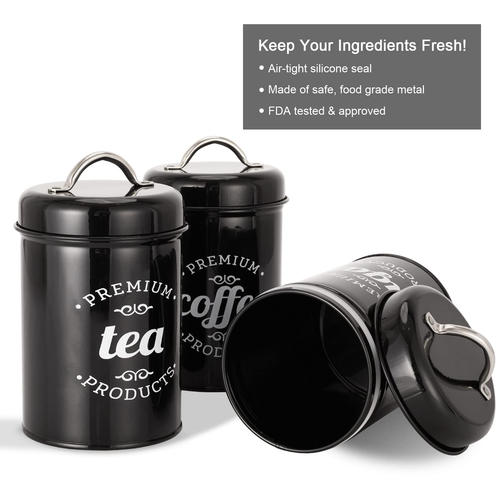 Dxlac 3pc, Food Jars Canisters for Coffee Tea Sugar, Airtight Stainless Steel Kitchen Food Storage Container Sets, Small Kitchen Canisters for Tea Coffee Sugar Storage