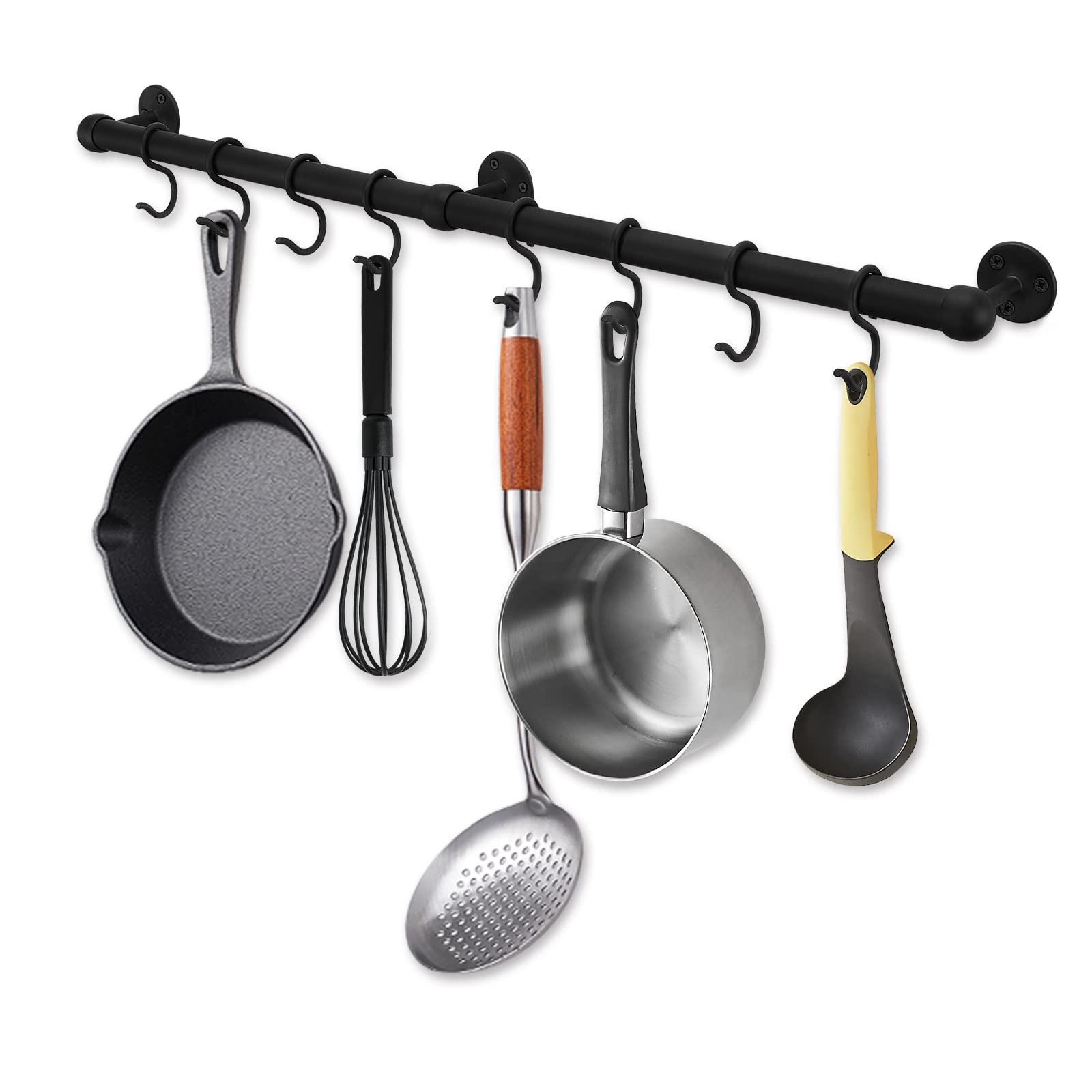 ROTHLEY Hanging Pot Rack Hanger: 23.7 Inch Stainless Steel Pot and Pan Hanger Pot Rack Wall Mounted Hanging Pots and Pans Rack Pot Hangers for Kitchen Wall Kitchen Rail with HooksïŒMatt BlackïŒ