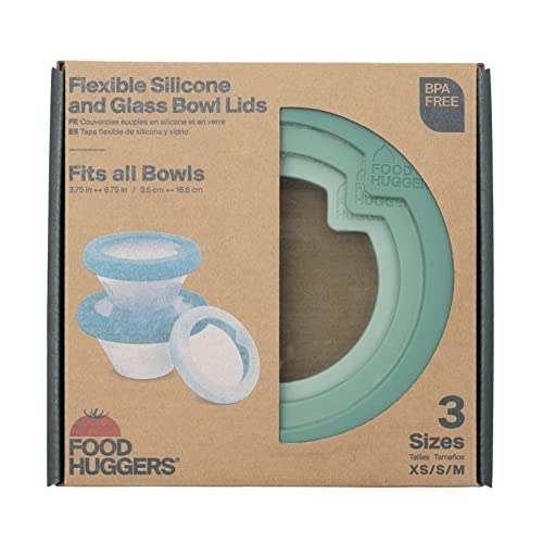 Food Huggers Replacement Lids for Glass Storage Containers | Silicone & Glass Lids that Don’t Crack | Fits Round Container Brands & Bowls | 100% Plastic Free | 3 Lid Set (XS,S,M), Gradual Green