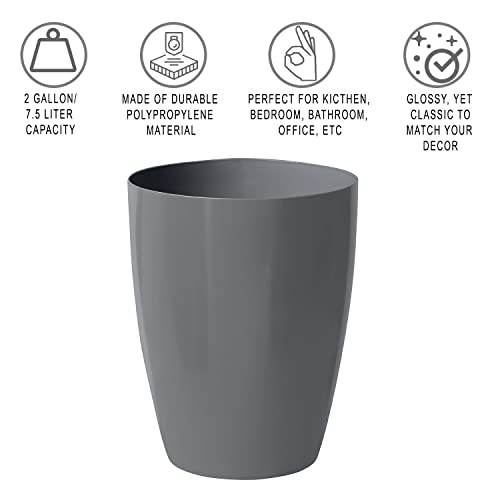 Small Trash Can – Open Top Garbage Cans for Kitchen, Office, Dorm, Bathroom, etc. –Waste Can for Compact/Tight Spaces – The Perfect Bathroom Trash Can - 2 Gallon Trash Bin – Glossy Grey
