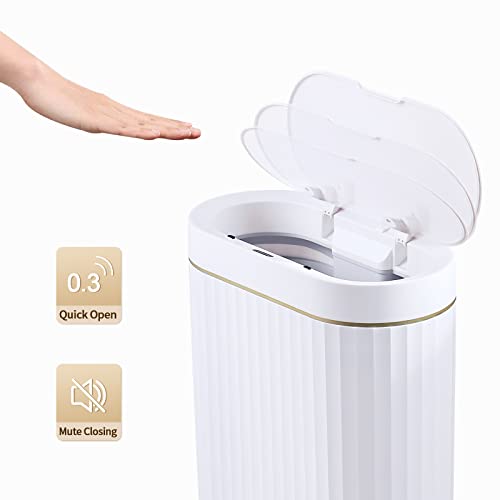 Motion Sensor Trash Can - ELPHECO 2.5 Gallon Waterproof Motion Sensor Trash Can, Bathroom Trash Can, Garbage Bin for Kitchen and Office Use, White with Golden Trim