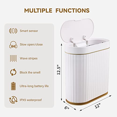 Motion Sensor Trash Can - ELPHECO 2.5 Gallon Waterproof Motion Sensor Trash Can, Bathroom Trash Can, Garbage Bin for Kitchen and Office Use, White with Golden Trim