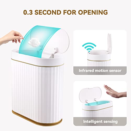 Motion Sensor Trash Can - ELPHECO 2.5 Gallon Waterproof Motion Sensor Trash Can, Bathroom Trash Can, Garbage Bin for Kitchen and Office Use, White with Golden Trim