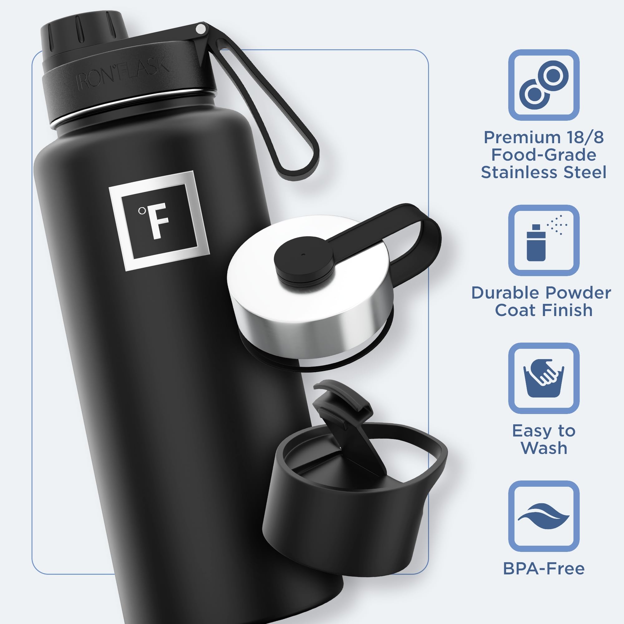 IRON °FLASK Camping & Hiking Hydration Flask with 3 Lids - Stainless Steel, Double Walled & Vacuum Insulated Water Bottle - Leak Proof & BPA Free (Midnight Black, Spout - 32 oz)