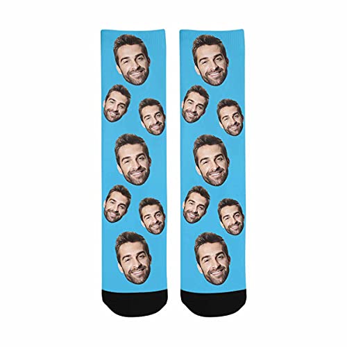 Custom Socks with Picture, Personalized Funny Face Socks Blue Crew Socks for Men Dad Father's Day Birthday Gift