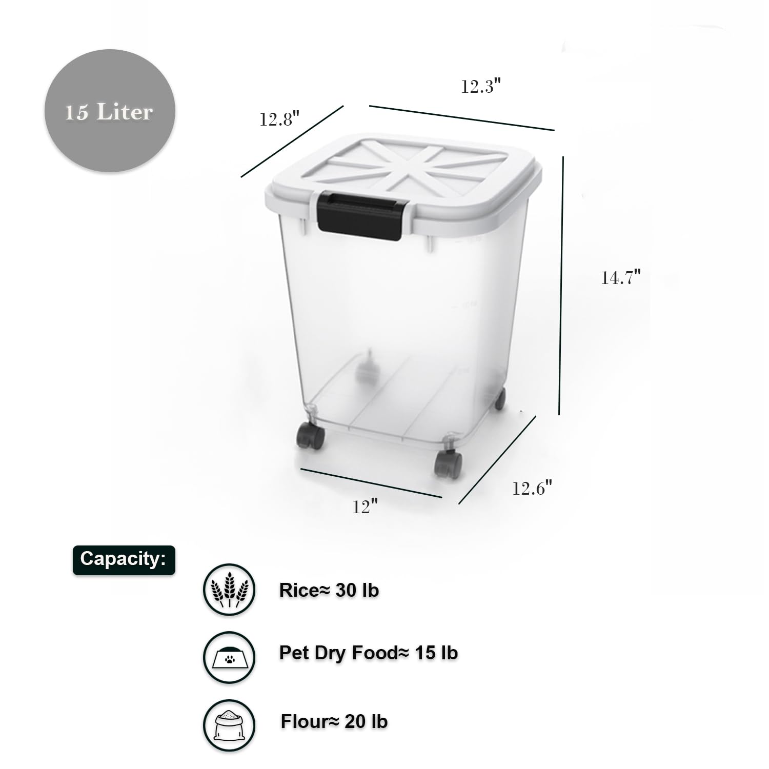 HANAMYA 30 LB Rice Storage Container with Measuring Cup, BPA free, For Rice | Grain | Pet Food | Flour, 1 count, Clear & Black