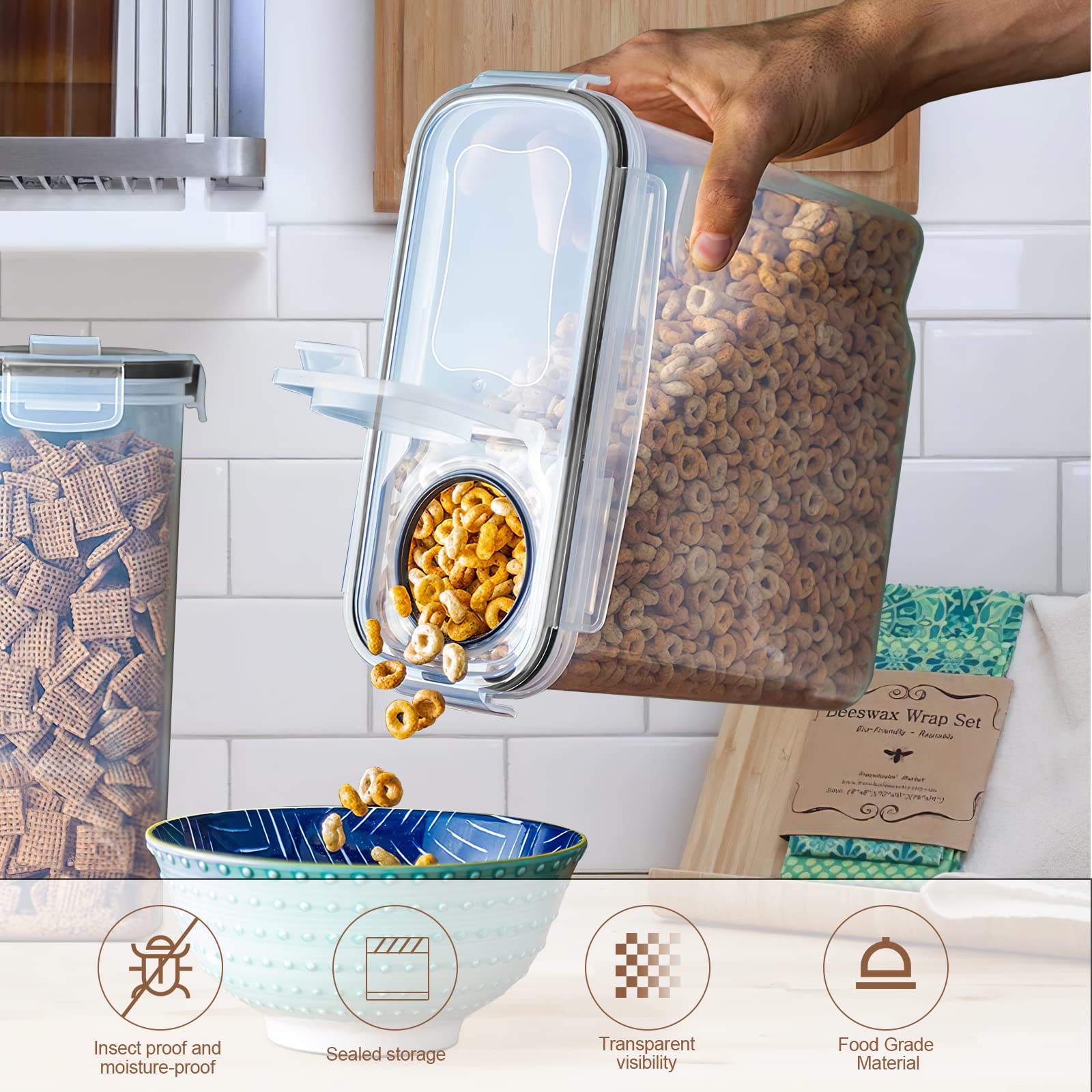 HOHAOO Cereal Storage Containers,Set of 4 4L Plastic Food Storage Box Cereal Dispenser Food Grade Durable Airtight Cereal Container with Lids,Pen and 24 Labels for Kitchen Storage & Organization