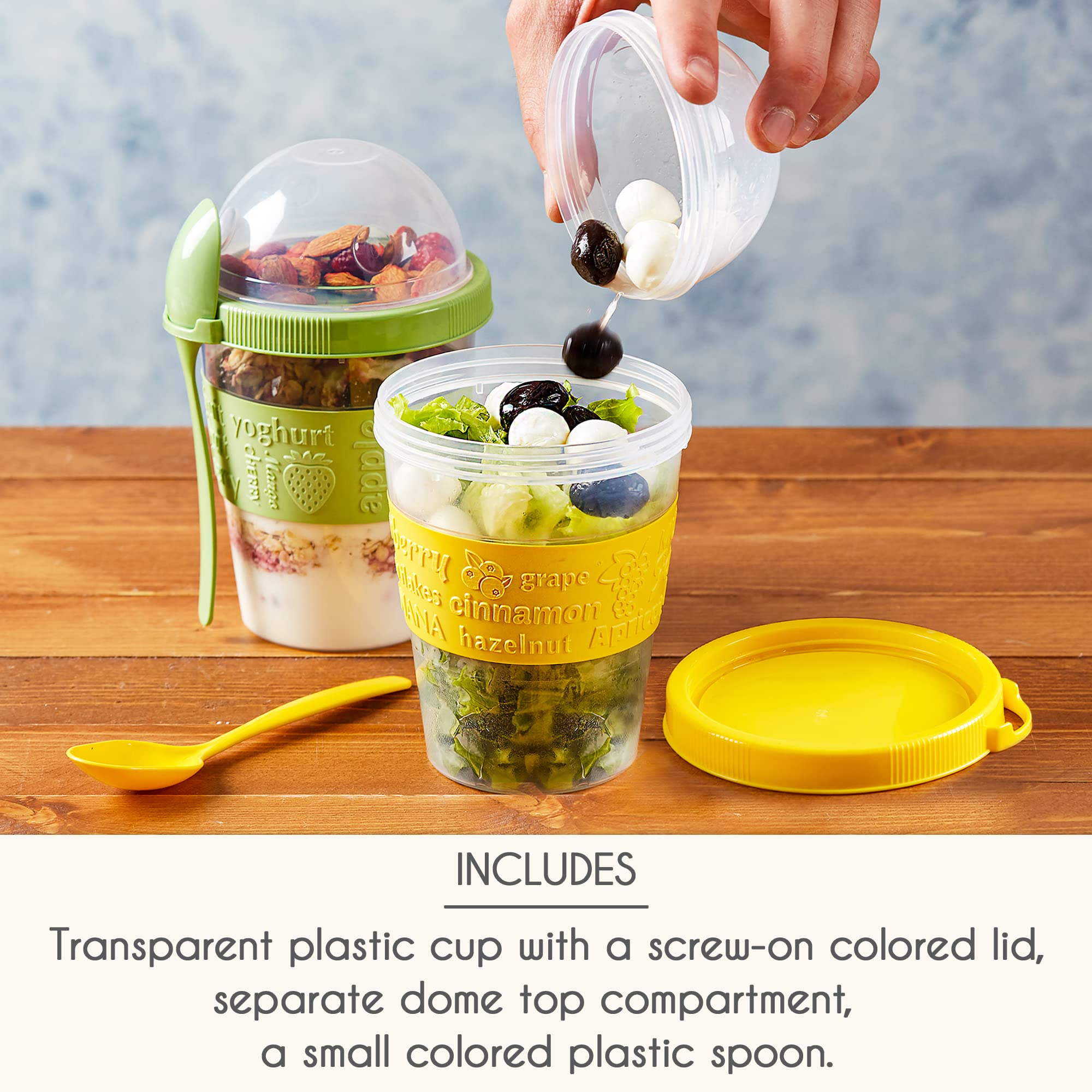 Yogurt Parfait Cups for Breakfast, Oatmeal or Fruit Container, Snack Bowl and Spoon for Lunch Box, Portable & Reusable, 2 PCs (Green & Yellow)