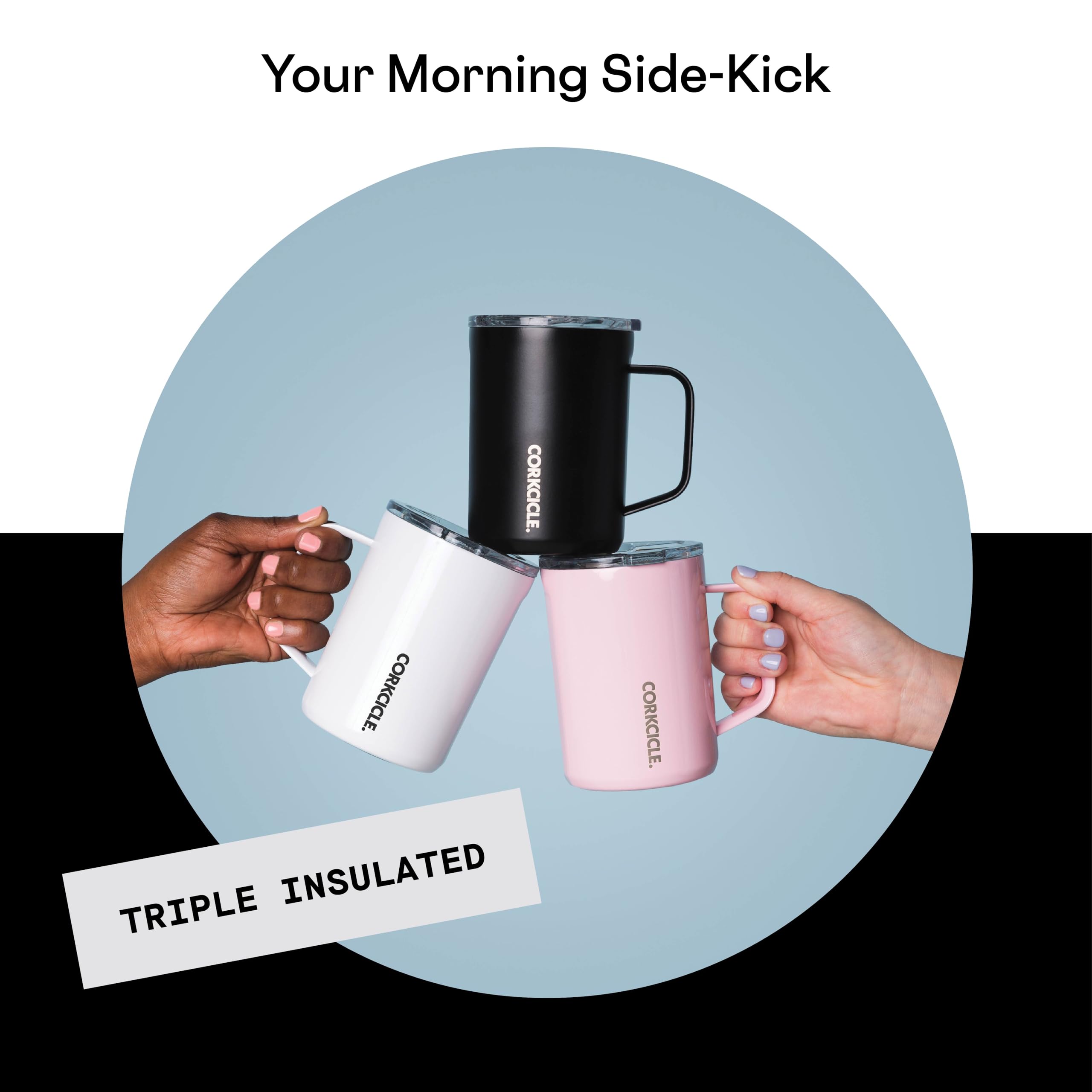 Corkcicle Triple Insulated Coffee Mug with Lid and Handle, Black, 16 oz β Stainless Steel Travel Mug Keeps Beverages Hot for 3+ Hours β Non-Slip, Easy-Grip, Spill-Resistant Tumbler