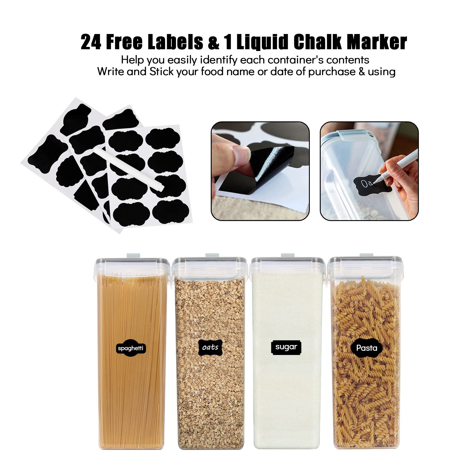 HOHAOO Cereal Storage Containers,Set of 4 4L Plastic Food Storage Box Cereal Dispenser Food Grade Durable Airtight Cereal Container with Lids,Pen and 24 Labels for Kitchen Storage & Organization