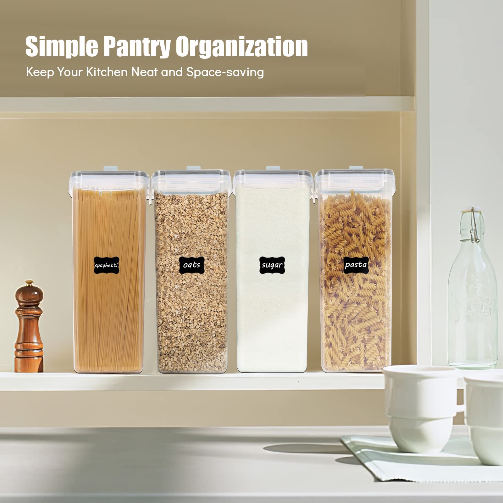 HOHAOO Cereal Storage Containers,Set of 4 4L Plastic Food Storage Box Cereal Dispenser Food Grade Durable Airtight Cereal Container with Lids,Pen and 24 Labels for Kitchen Storage & Organization