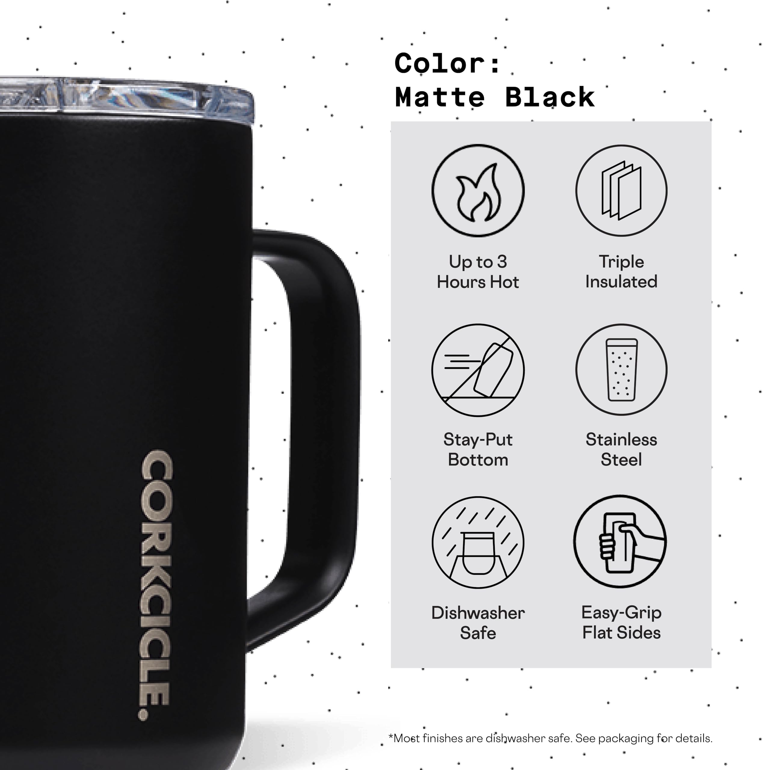 Corkcicle Triple Insulated Coffee Mug with Lid and Handle, Black, 16 oz β Stainless Steel Travel Mug Keeps Beverages Hot for 3+ Hours β Non-Slip, Easy-Grip, Spill-Resistant Tumbler