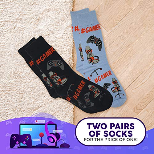 Foozys Mens Crew Socks | Late Night Party & Up to No Good Novelty Socks | 2 Pair (Gamer)