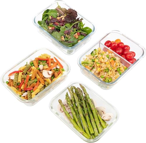 JINAMART Glass Food Containers with Airtight, Leak Proof, BPA Free Lids (Set of 4 Food storage Containers - 2 Bento Boxes, 2 Full Containers)