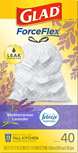 GLAD ForceFlex Tall Drawstring Trash Bags, 13 Gallon White Trash Bags for Tall Kitchen Trash Can, Mediterranean Lavender with Febreze Freshness to Eliminate Odors, 40 Count