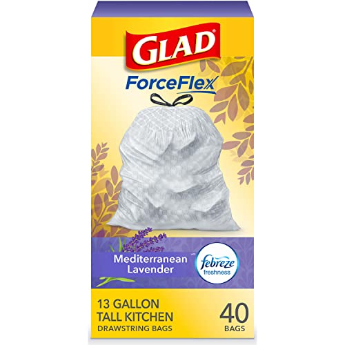 GLAD ForceFlex Tall Drawstring Trash Bags, 13 Gallon White Trash Bags for Tall Kitchen Trash Can, Mediterranean Lavender with Febreze Freshness to Eliminate Odors, 40 Count