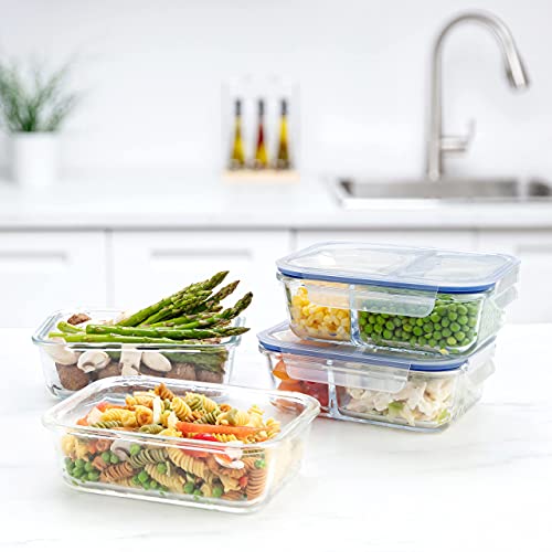JINAMART Glass Food Containers with Airtight, Leak Proof, BPA Free Lids (Set of 4 Food storage Containers - 2 Bento Boxes, 2 Full Containers)
