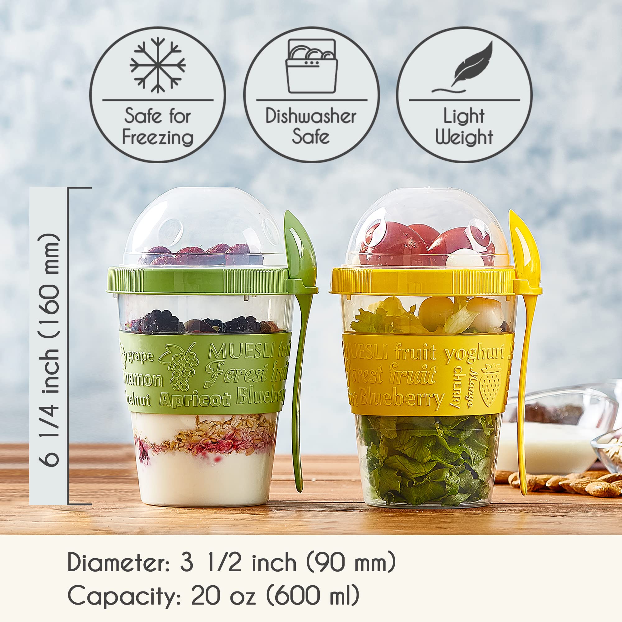 Yogurt Parfait Cups for Breakfast, Oatmeal or Fruit Container, Snack Bowl and Spoon for Lunch Box, Portable & Reusable, 2 PCs (Green & Yellow)