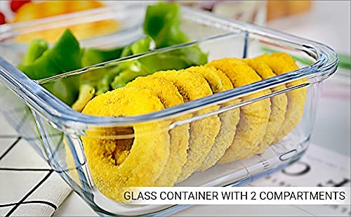JINAMART Glass Food Containers with Airtight, Leak Proof, BPA Free Lids (Set of 4 Food storage Containers - 2 Bento Boxes, 2 Full Containers)