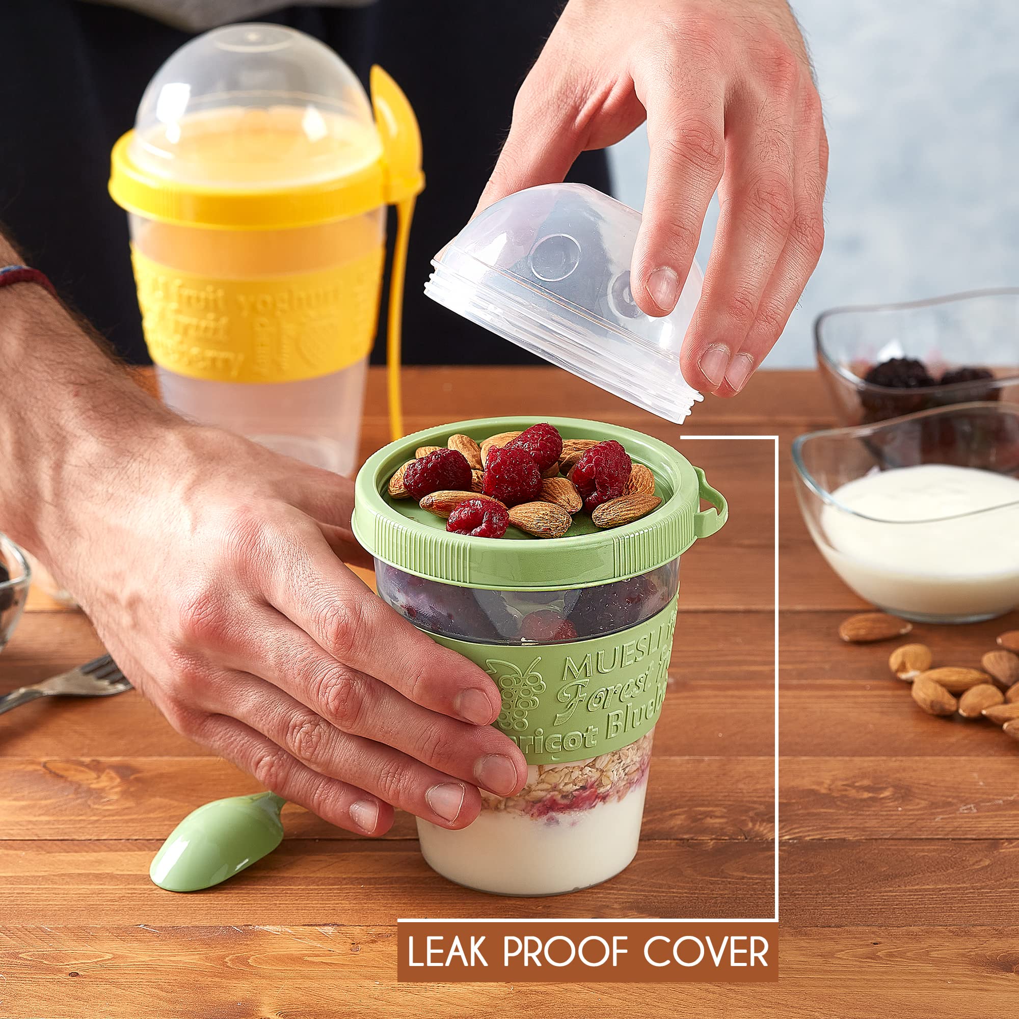 Yogurt Parfait Cups for Breakfast, Oatmeal or Fruit Container, Snack Bowl and Spoon for Lunch Box, Portable & Reusable, 2 PCs (Green & Yellow)