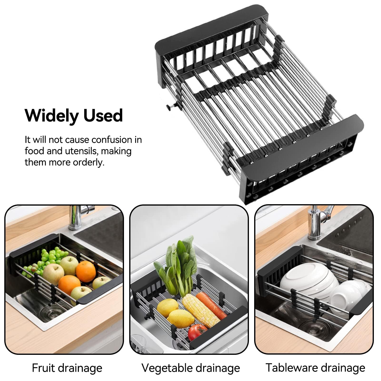 Over The Sink Dish Drying Rack, Retractable Stainless Steel Sink Strainer Telescopic Drain Basket Kitchen Rack Drain Basket Sink Organizer for Vegetable and Fruit(L-Black)