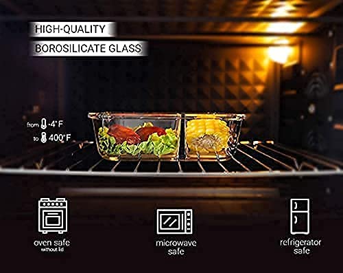 JINAMART Glass Food Containers with Airtight, Leak Proof, BPA Free Lids (Set of 4 Food storage Containers - 2 Bento Boxes, 2 Full Containers)
