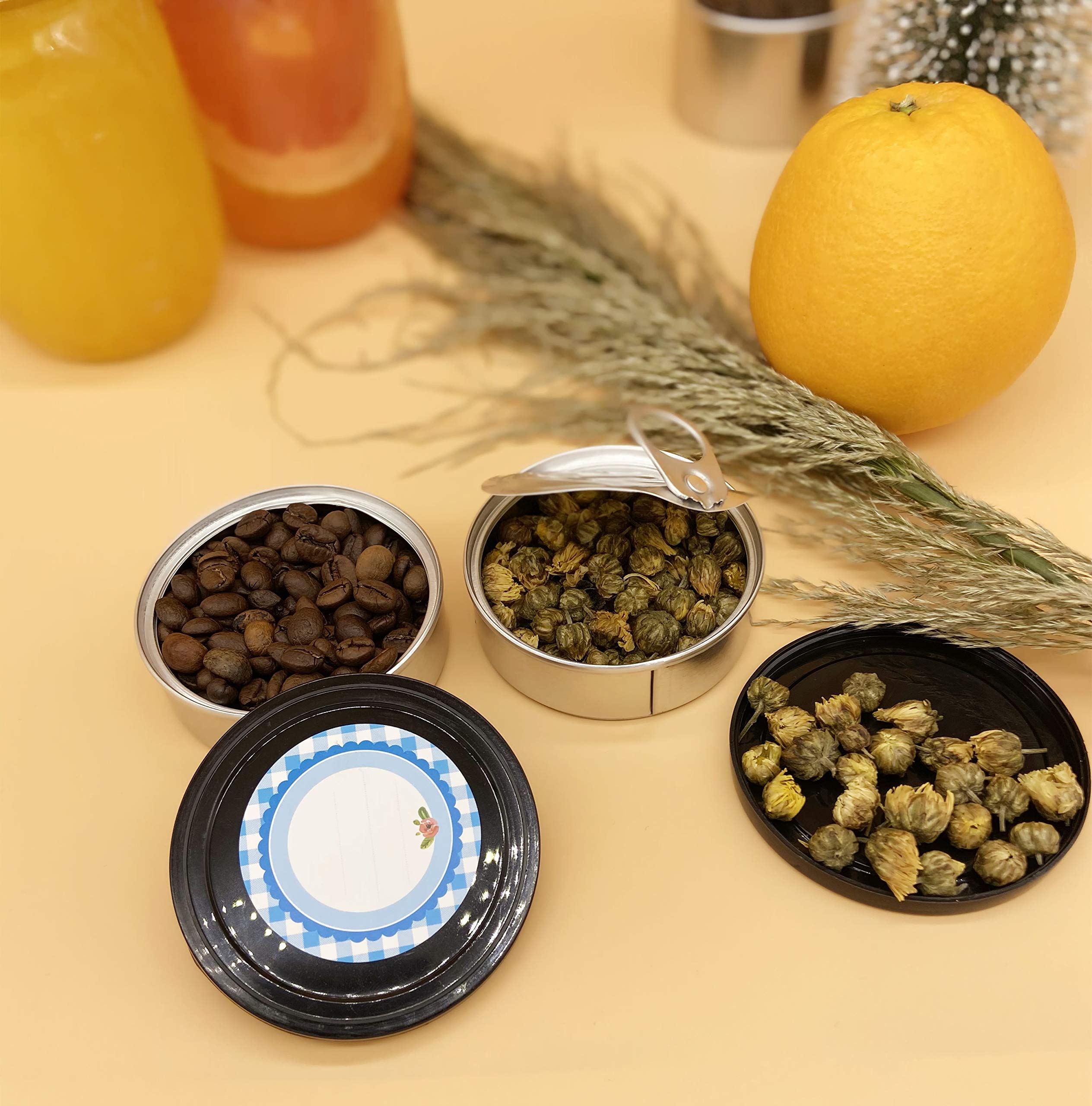 YEEPON 40sets Cali Self-seal Tin Can with Lid - Tuna Can Hoop Ring - NO TOOLS NEEDED + 48Pieces can Labels【100ml/3.5 (40sets) (3.5, 40)