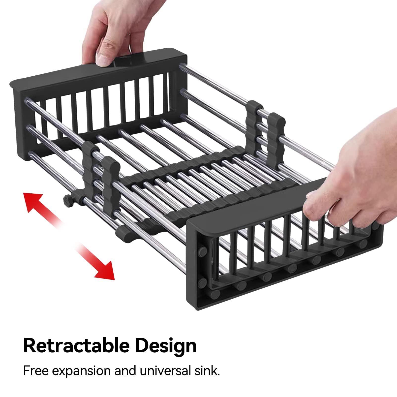 Over The Sink Dish Drying Rack, Retractable Stainless Steel Sink Strainer Telescopic Drain Basket Kitchen Rack Drain Basket Sink Organizer for Vegetable and Fruit(L-Black)