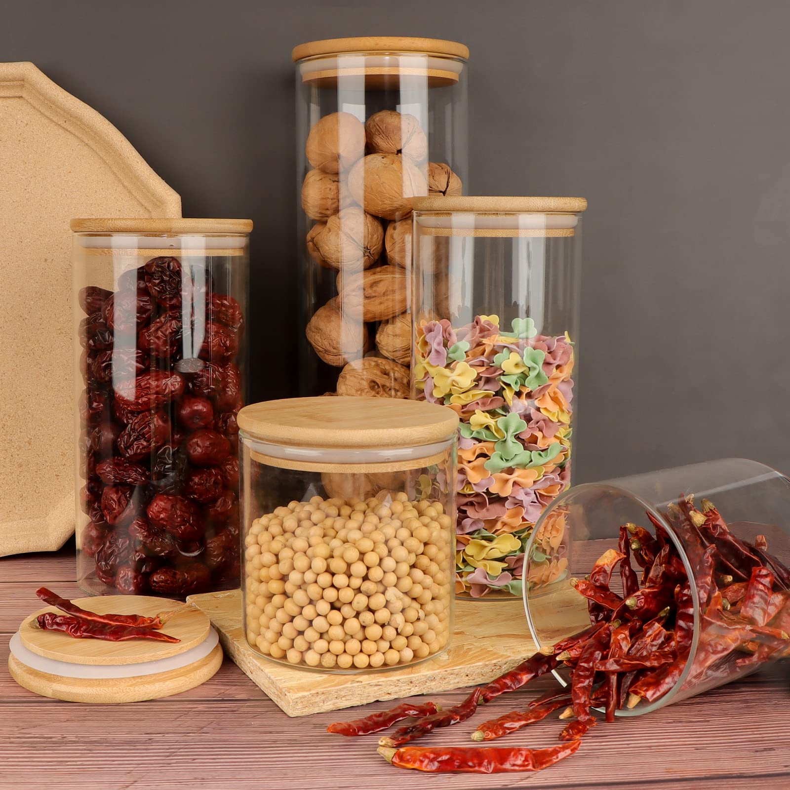 UrSpeedtekLive Glass Storage Jars with Airtight Bamboo Lids, Set of 5 Food Storage Jars with Wood Lids, Glass Kitchen Canisters, Clear Container for Coffee, Dry Goods, Cookie, Candy, Tea, Pasta