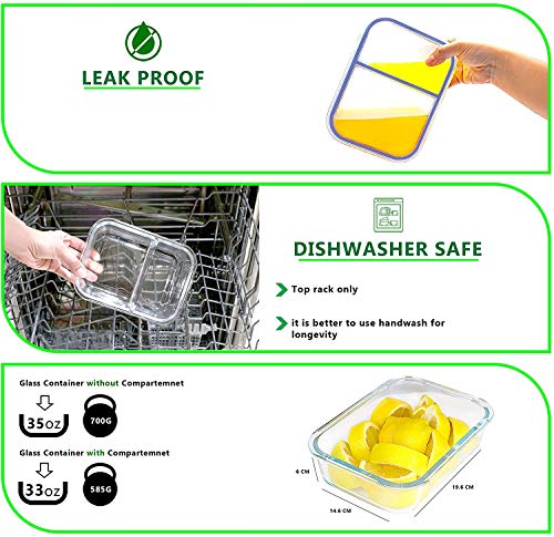 JINAMART Glass Food Containers with Airtight, Leak Proof, BPA Free Lids (Set of 4 Food storage Containers - 2 Bento Boxes, 2 Full Containers)