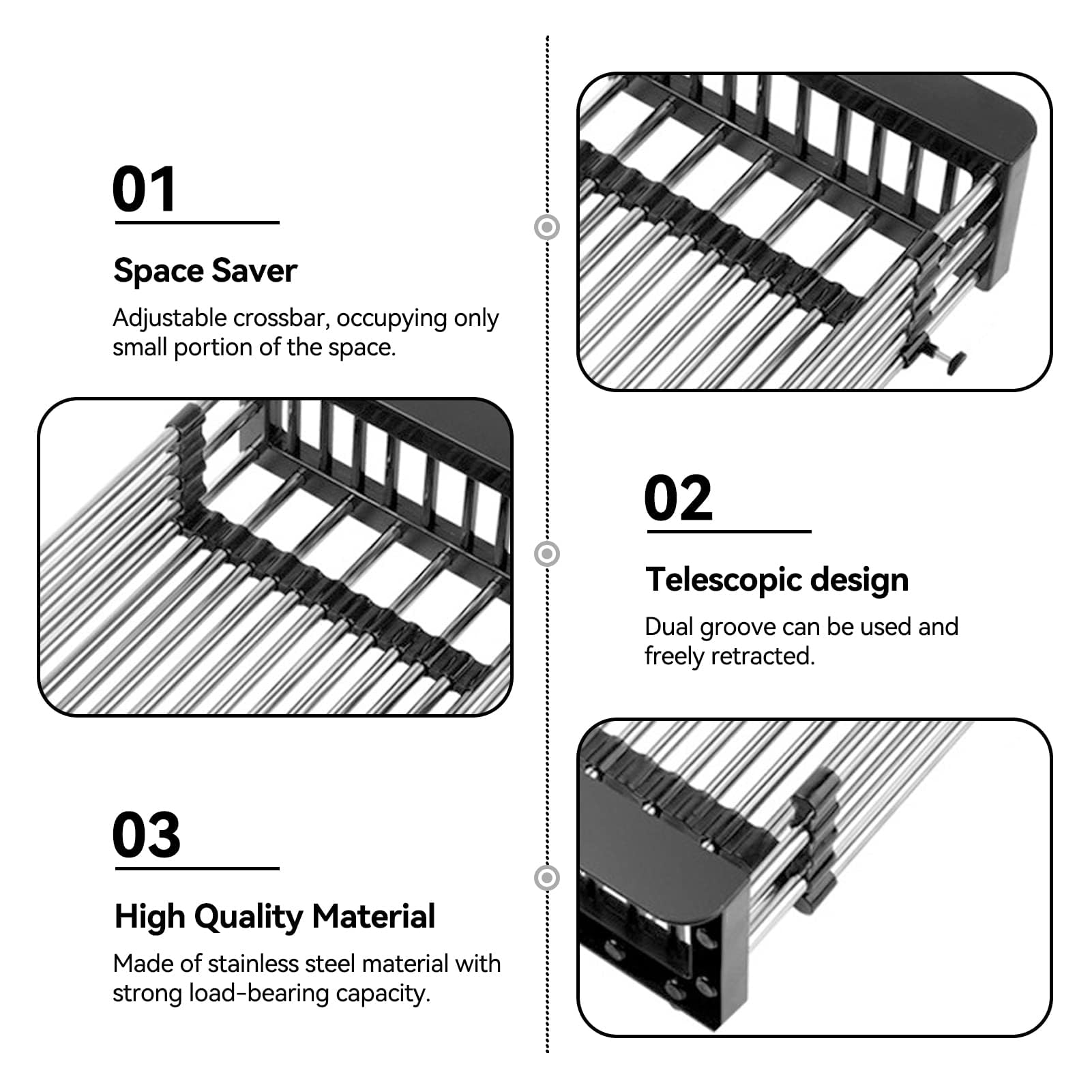 Over The Sink Dish Drying Rack, Retractable Stainless Steel Sink Strainer Telescopic Drain Basket Kitchen Rack Drain Basket Sink Organizer for Vegetable and Fruit(L-Black)