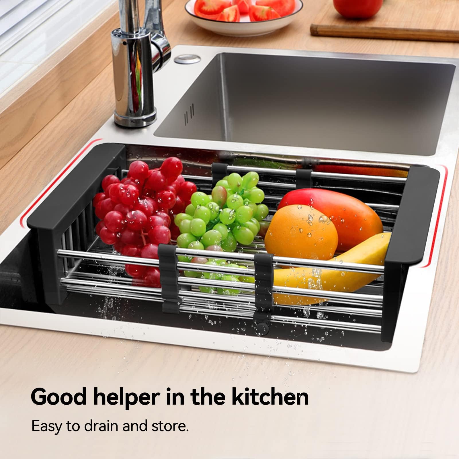 Over The Sink Dish Drying Rack, Retractable Stainless Steel Sink Strainer Telescopic Drain Basket Kitchen Rack Drain Basket Sink Organizer for Vegetable and Fruit(L-Black)