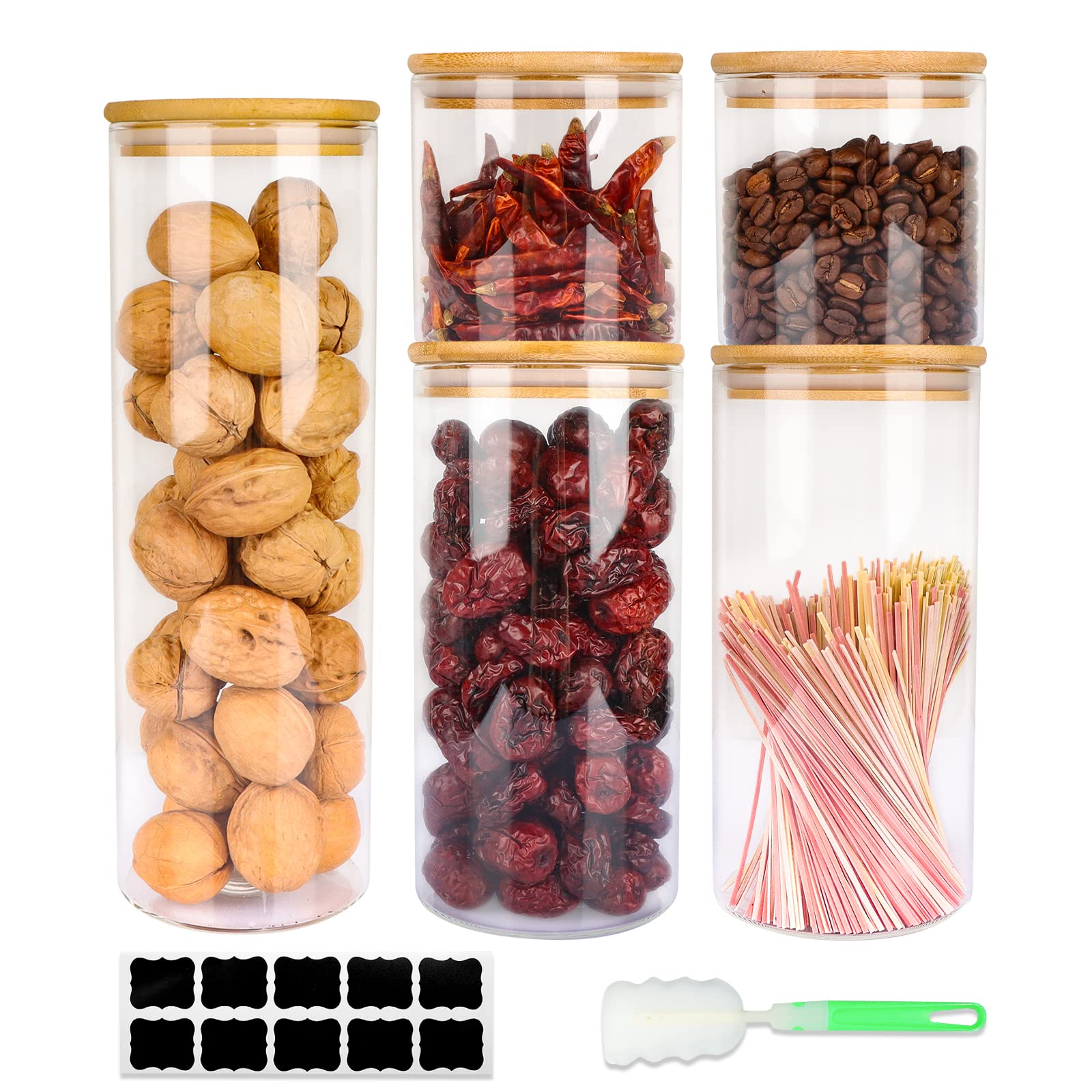 UrSpeedtekLive Glass Storage Jars with Airtight Bamboo Lids, Set of 5 Food Storage Jars with Wood Lids, Glass Kitchen Canisters, Clear Container for Coffee, Dry Goods, Cookie, Candy, Tea, Pasta
