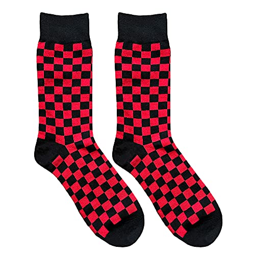 Men's Novelty Checker Crew Socks Sizes 6-12 - Stylish Quality Fit for Skateboard, Nights Out, Work, Fun Every Day Comfort (Black,Red)