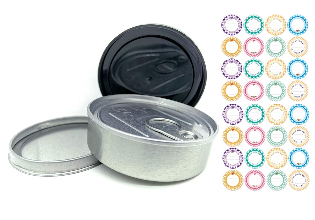 YEEPON 40sets Cali Self-seal Tin Can with Lid - Tuna Can Hoop Ring - NO TOOLS NEEDED + 48Pieces can Labelsă100ml/3.5 (40sets) (3.5, 40)