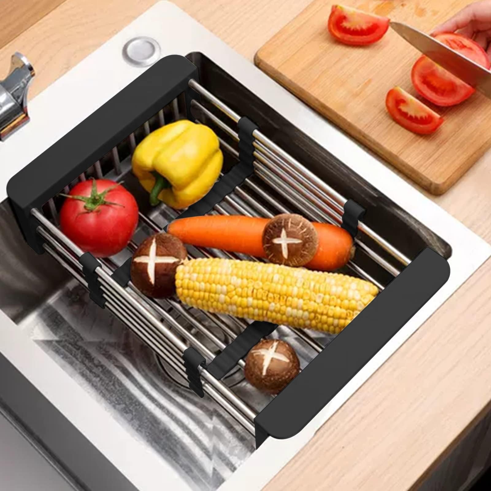 Over The Sink Dish Drying Rack, Retractable Stainless Steel Sink Strainer Telescopic Drain Basket Kitchen Rack Drain Basket Sink Organizer for Vegetable and Fruit(L-Black)
